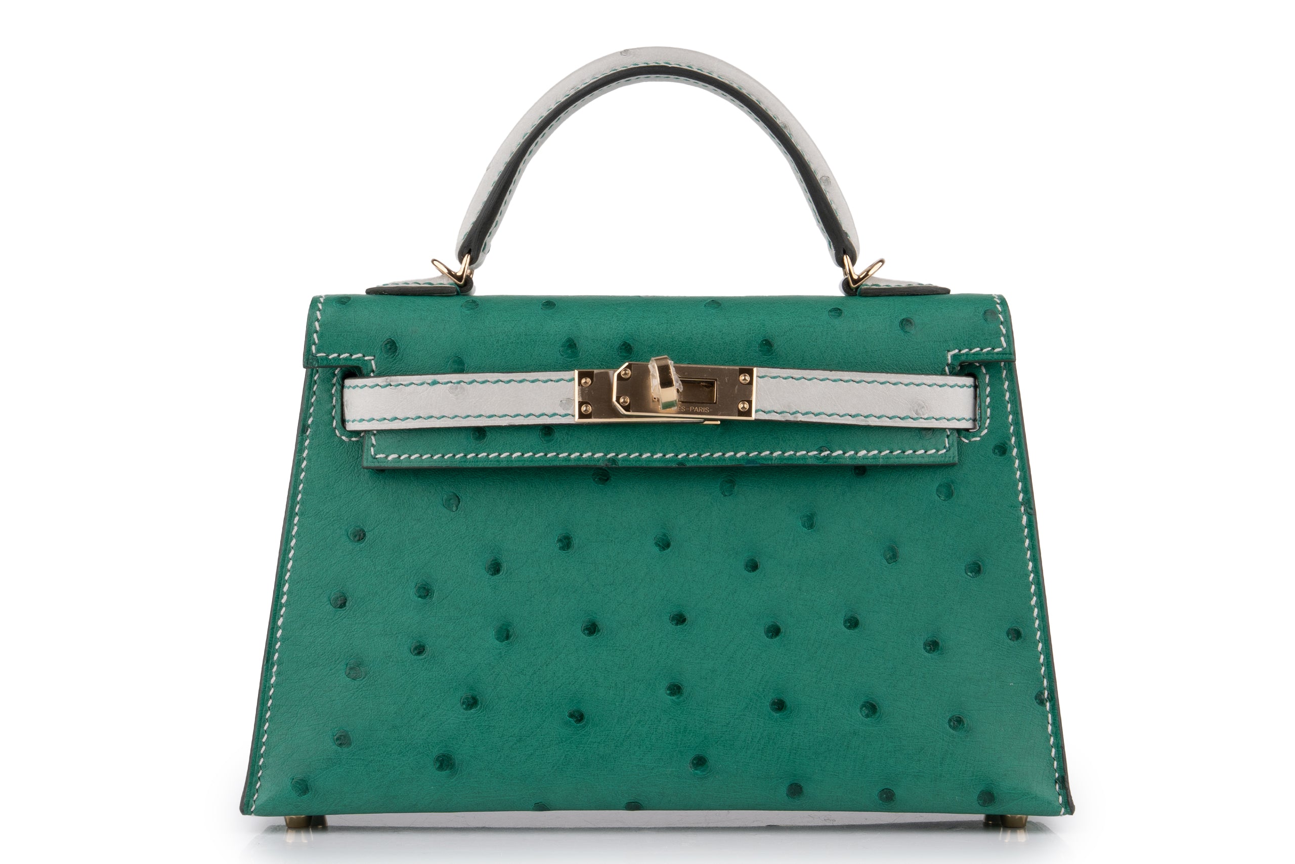 Hermès Mini Kelly Ostrich Vert Vertigo / Gris Perle GHW – Love Luxury Dubai